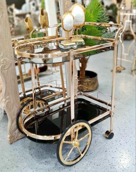 Black Glass Gold Bar Cart on Big Wheels - Wine Stand