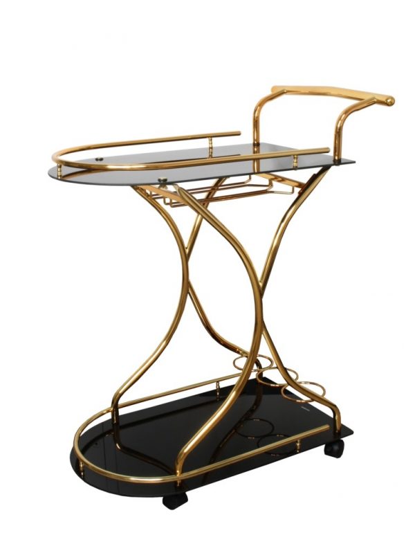Modern Gold Bar Cart with Black Glass Arched Front