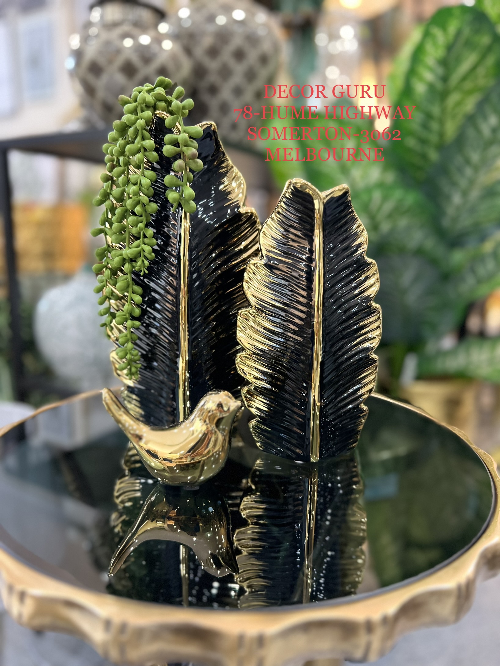 Ceramic Leaf Vase Black Gold Large 25cm - Decor Guru