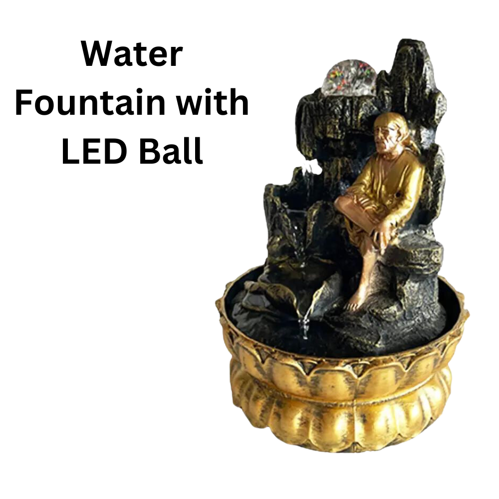 Sai Baba Ji Gold Water Fountain with LED Ball 28cm