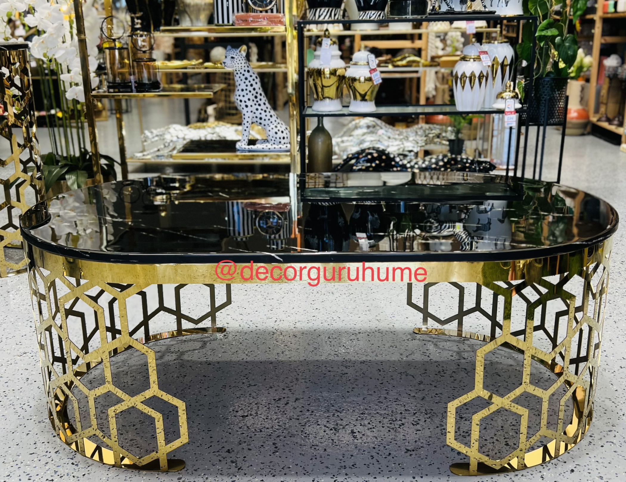 Gold Mesh Frame Black Marble Top Coffee Table - Decor Guru