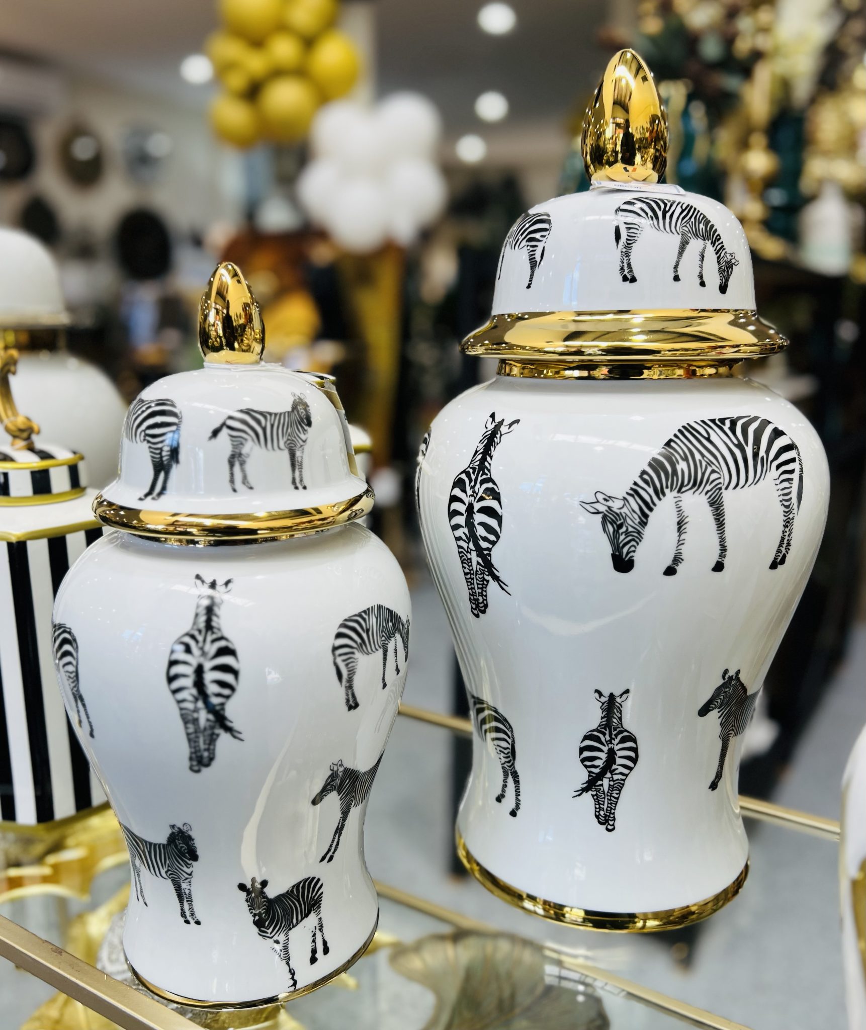 White & Gold Zebra Ginger Jars with Lids - Decor Guru