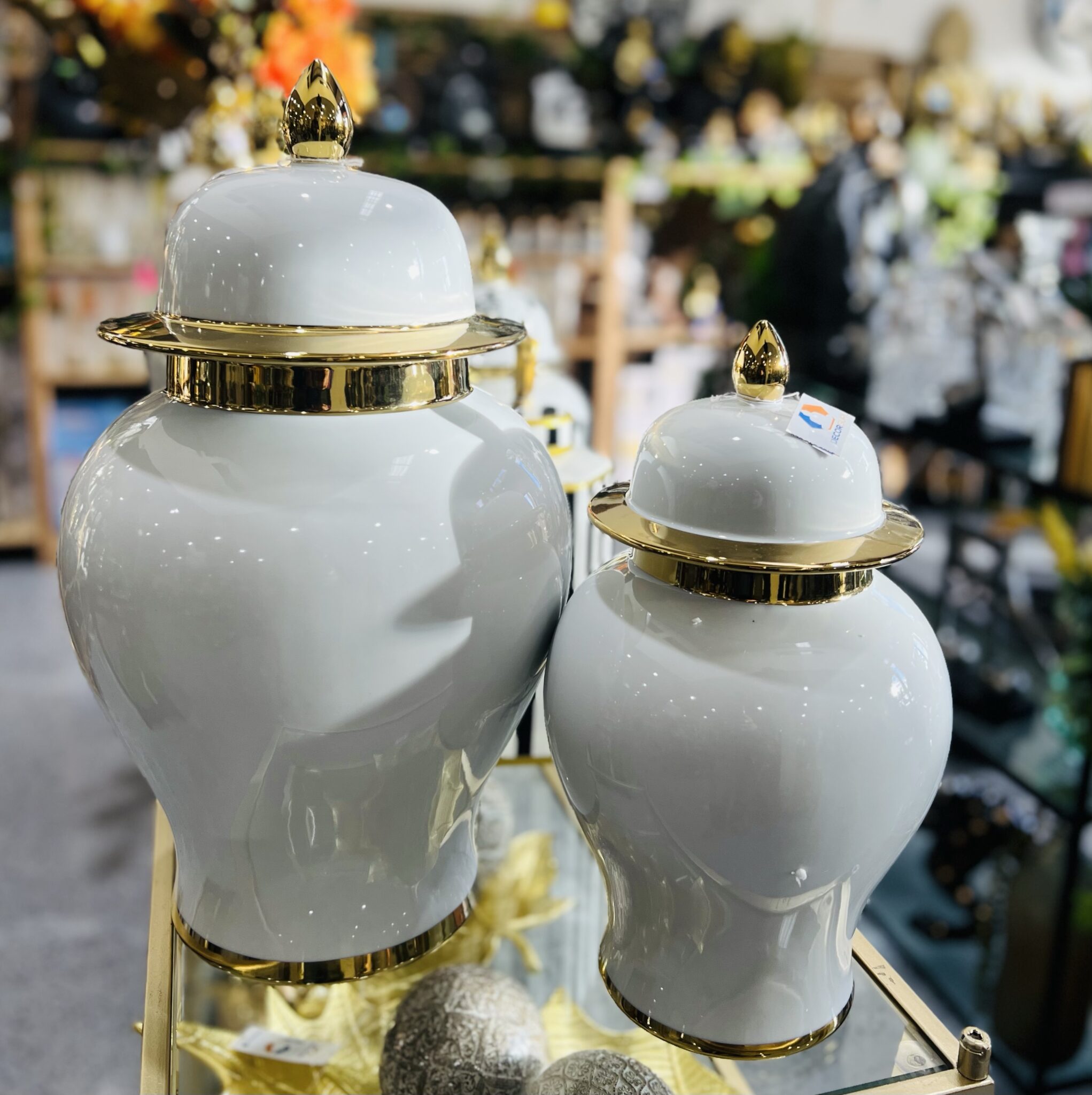 White Ginger Jars with Gold Accents & Extended Lids - Decor Guru