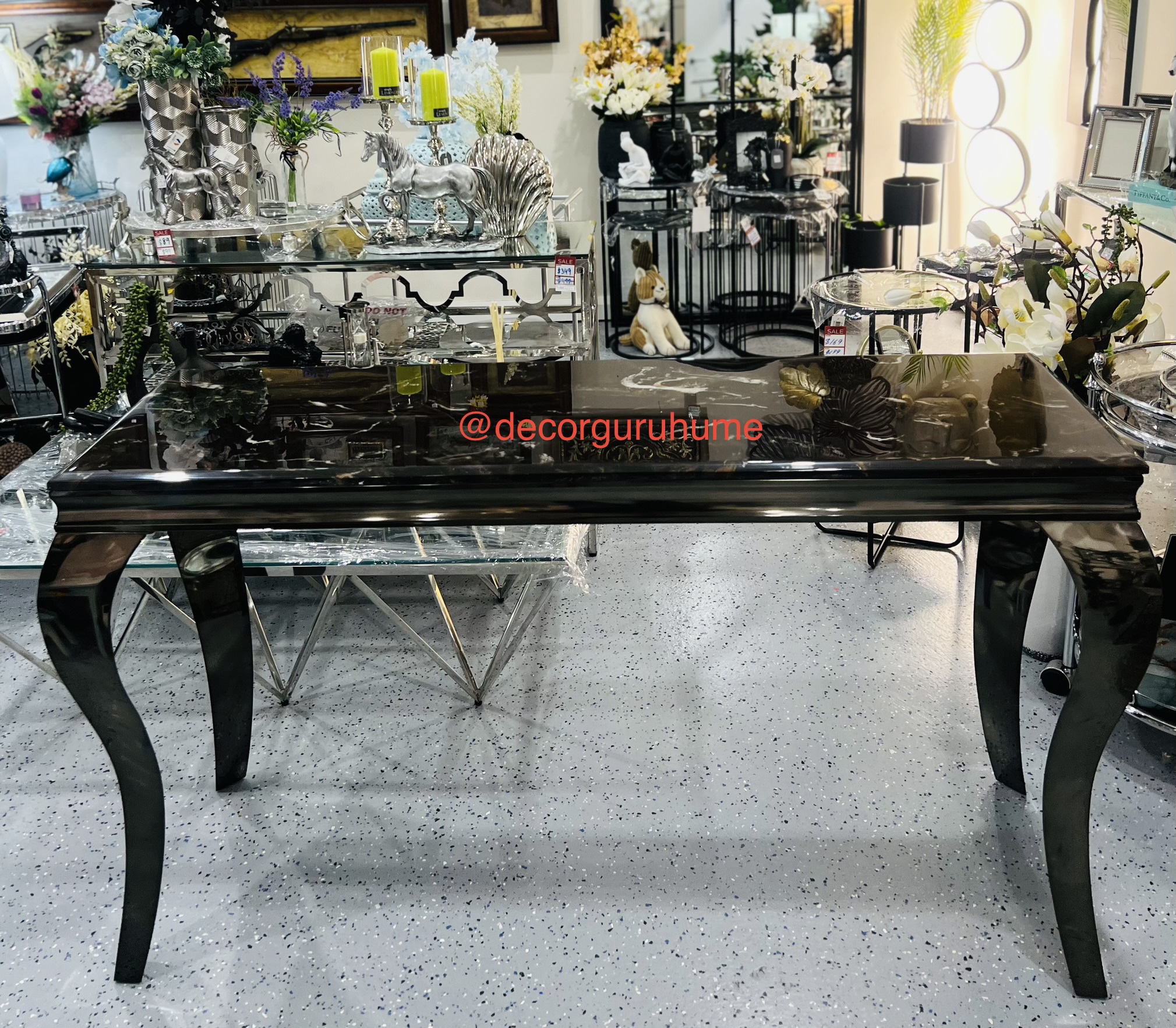 Black Marble Top Black Nickel Frame Console Table - Decor Guru
