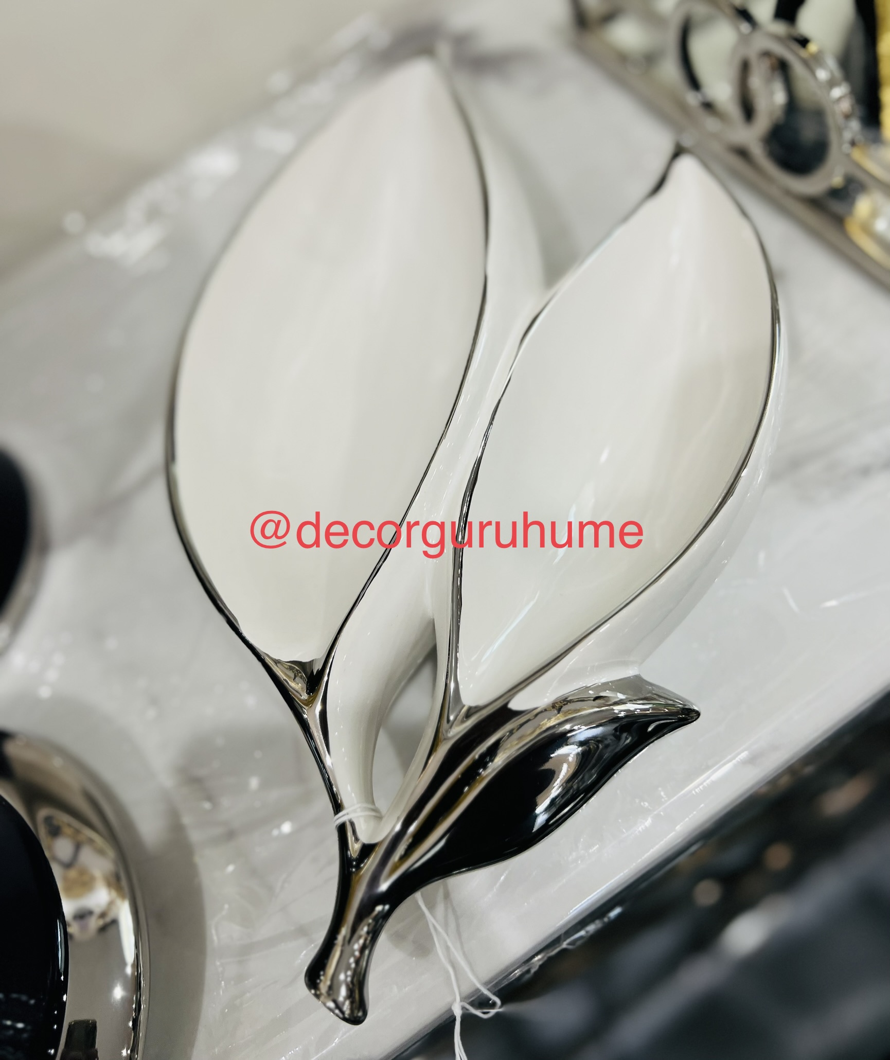 White & Silver Leaf Ceramic Tray - Decor Guru