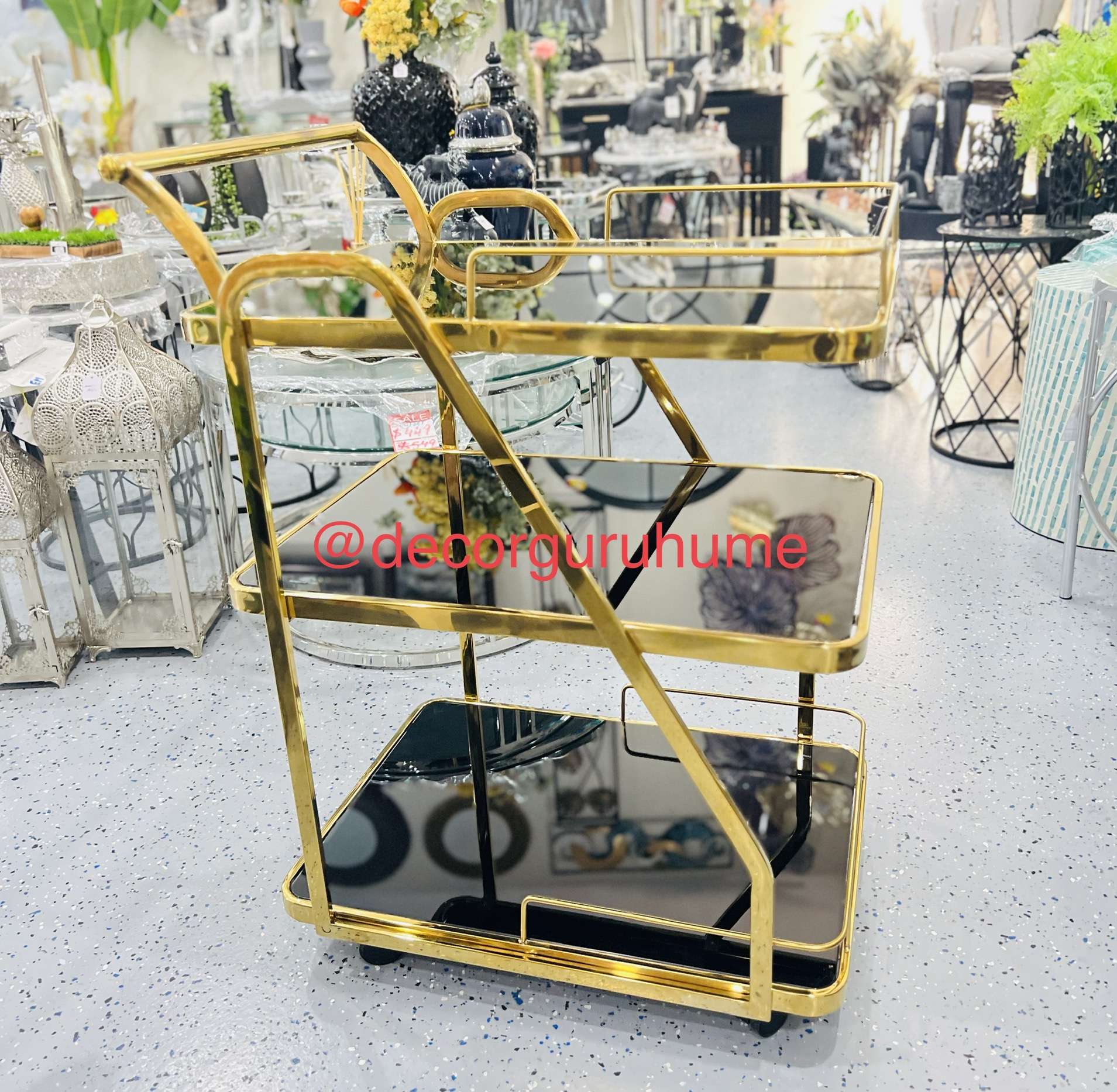 Elegant Gold Bar Cart with 3 Black Glass Shelves - Stylish Home ...