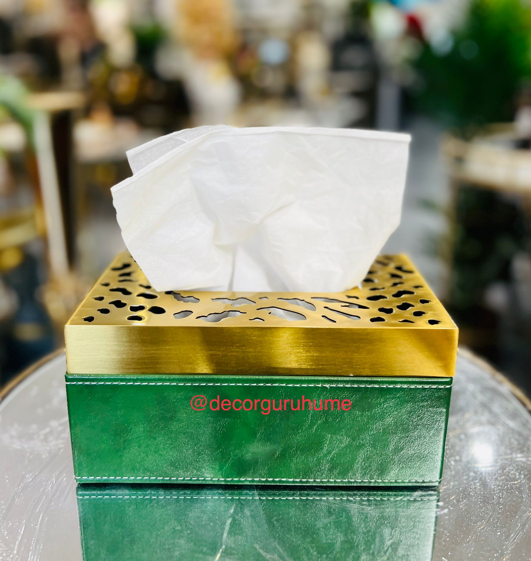 Green Leather PU Tissue Box Holder - Elegant Gold Lid Design
