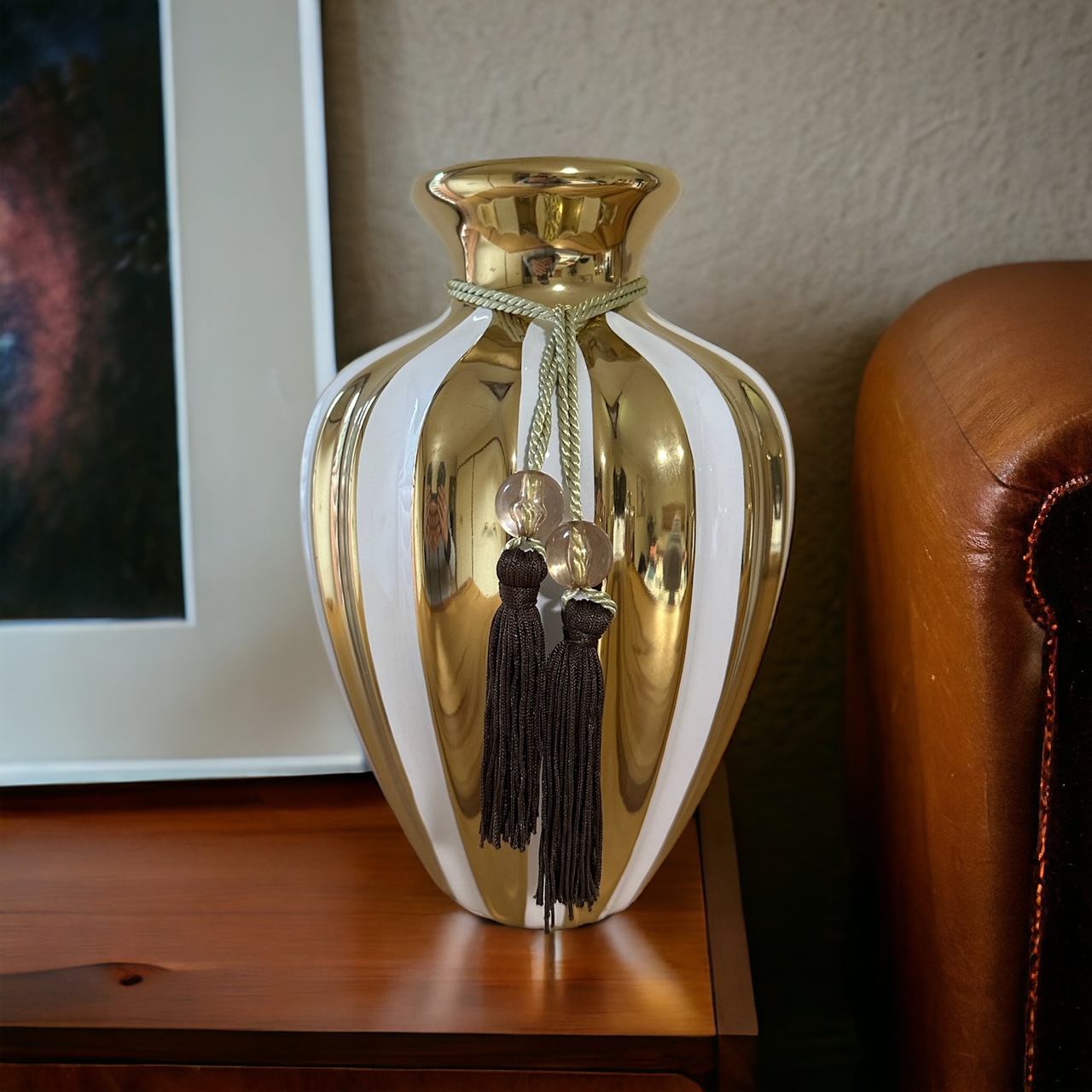 White Gold Ceramic Vase with Tassel - Elegant Home Decor Accent