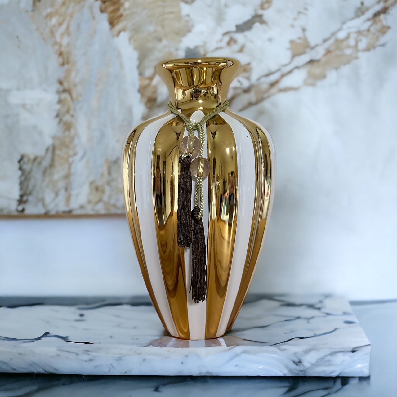 White Gold Ceramic Vase with Tassel - Elegant Home Decor Accent