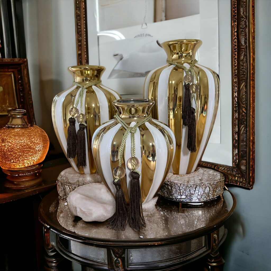 White Ginger Jars with Gold Accents & Extended Lids - Decor Guru