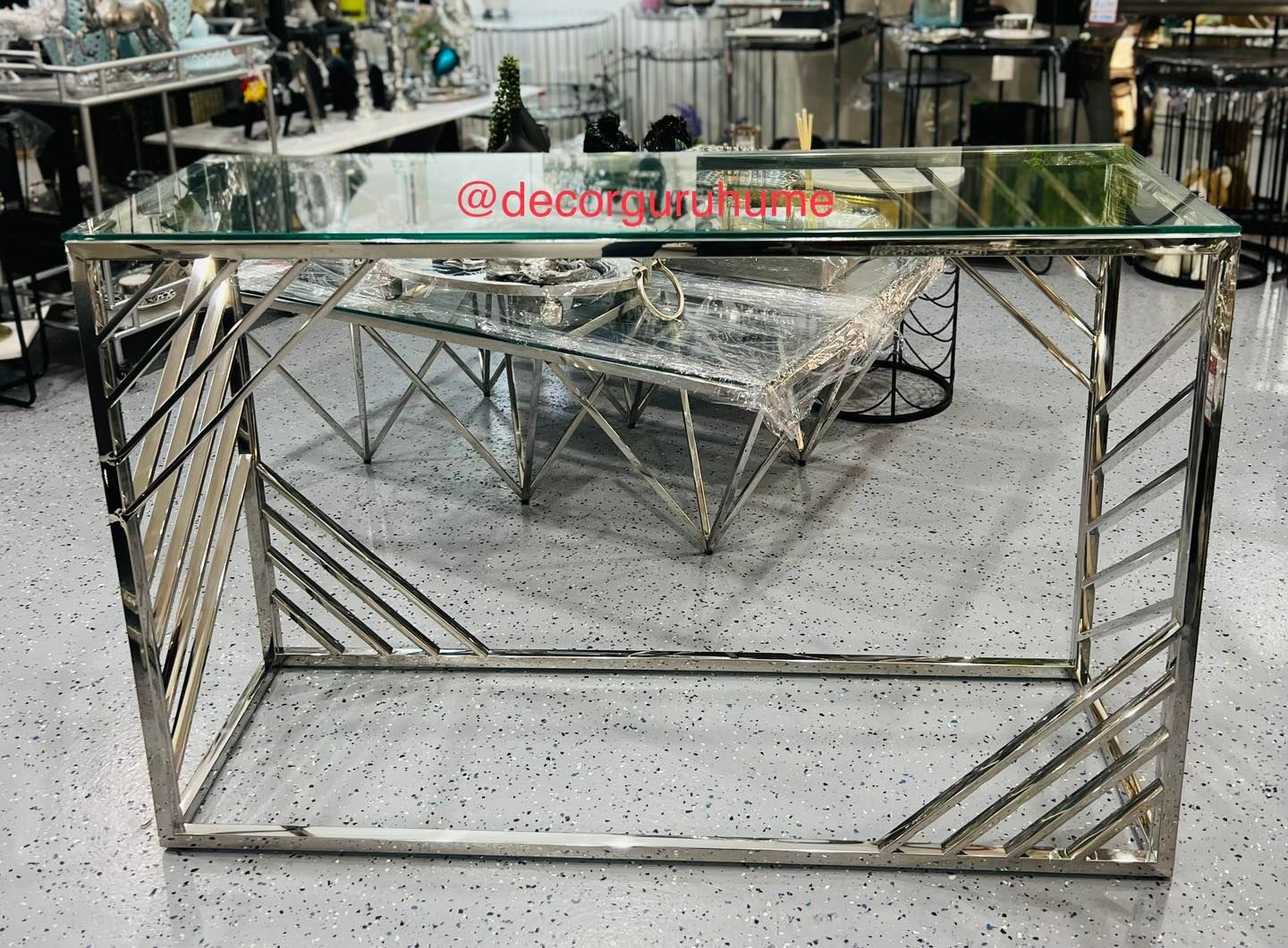 Modern Silver Stainless Steel Console Table with Clear Glass Top