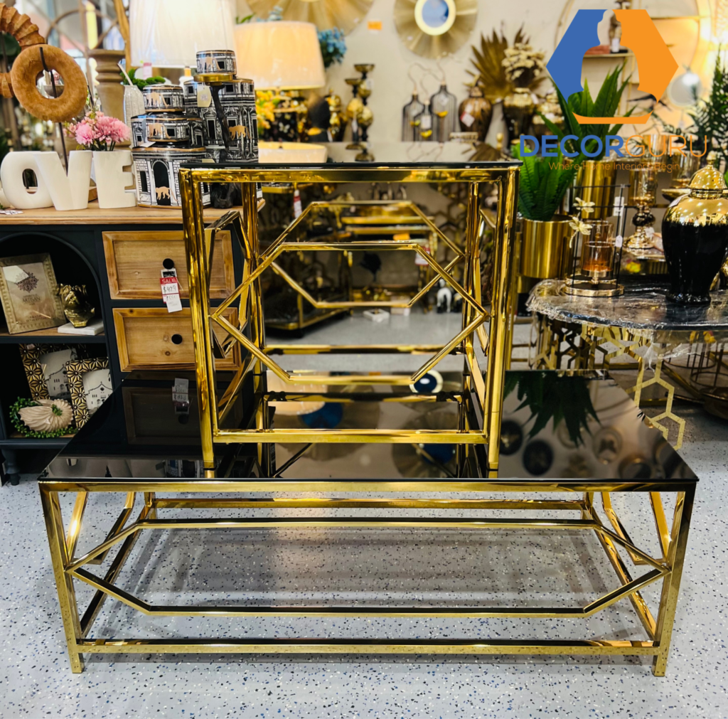 Modern Gold Stainless Steel Coffee Table with Black Tempered Glass Top