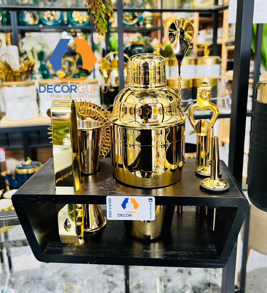 Luxury Gold 9 Pc Cocktail Set on Elegant Wooden Stand - Mixology Bar Kit