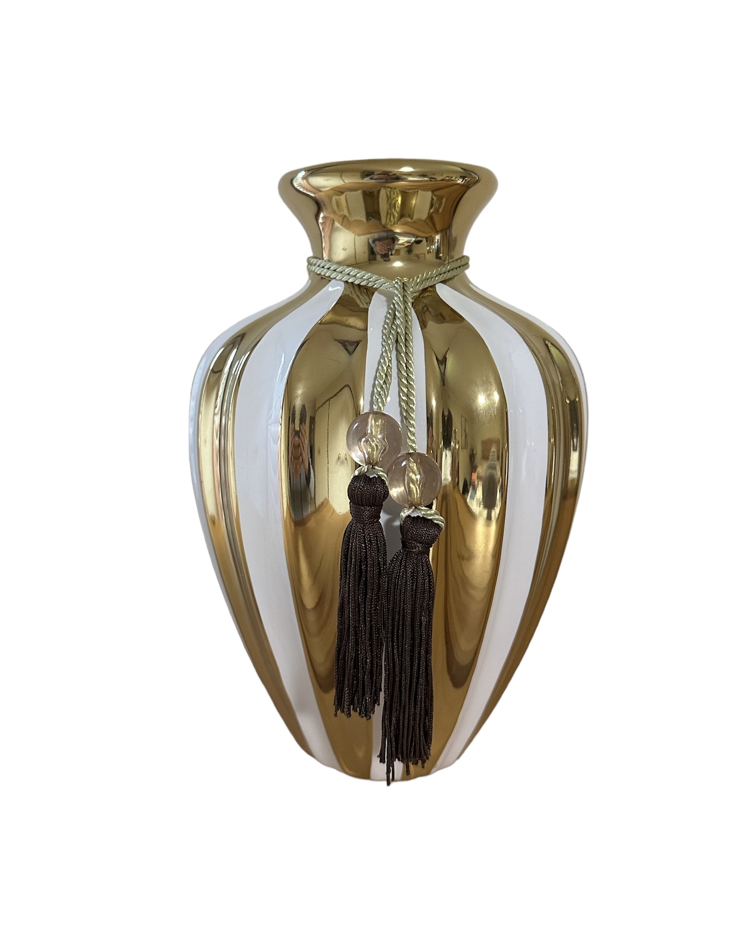 White Gold Ceramic Vase with Tassels - Elegant Home Decor